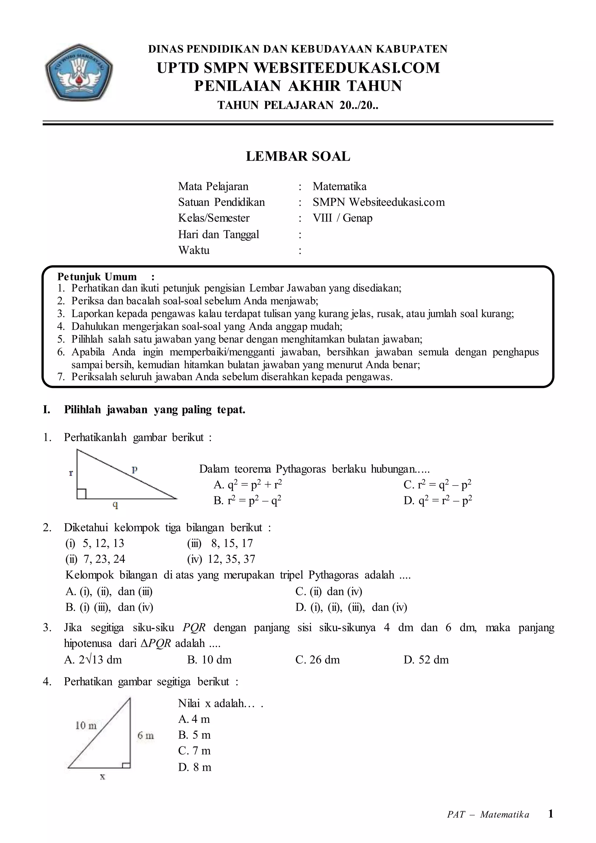 Soal pat mtk kelas 8 k13 (websiteedukasi.com) | DOCX
