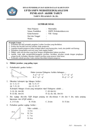 Soal pat mtk kelas 8 k13 (websiteedukasi.com) | DOCX