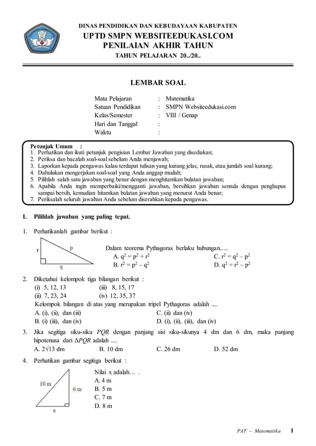 Soal pat mtk kelas 8 k13 (websiteedukasi.com) | DOCX