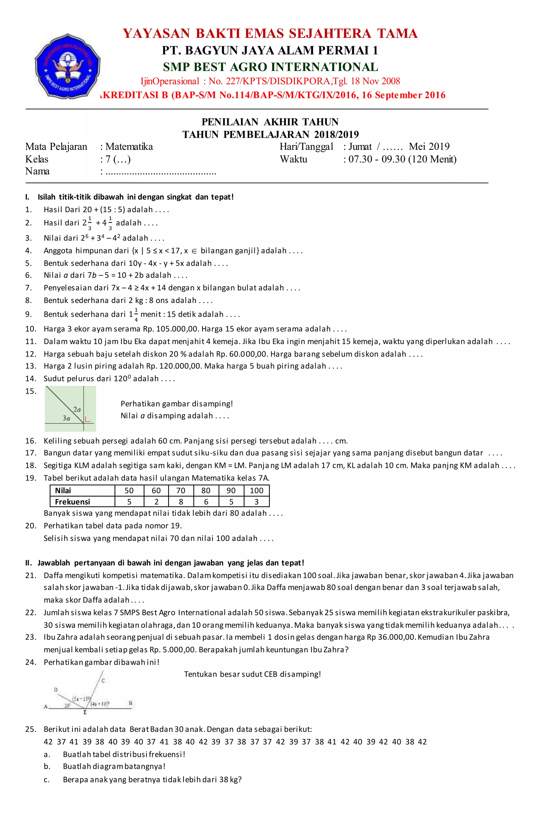 Soal pat mtk kls 7 oke 2019 | DOCX