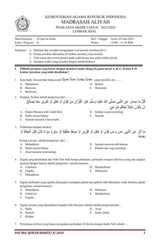 SOAL PAT QURDIS OKE X GENAP 2023 2024 | PDF
