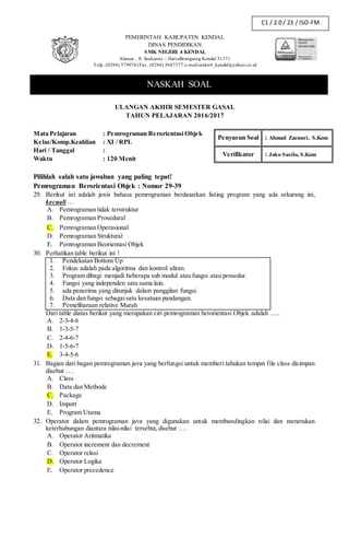 Soal pbo sem 1 xi rpl 1617 | PDF