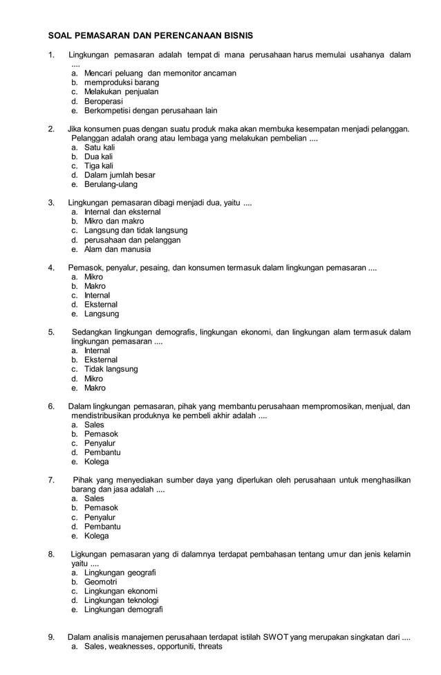 Soal pemasaran dan perencanaan bisnis | DOCX