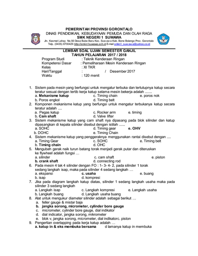 Soal pemeliharaan mesin kenderaan ringan kelas xi ganjil 2017 | DOCX