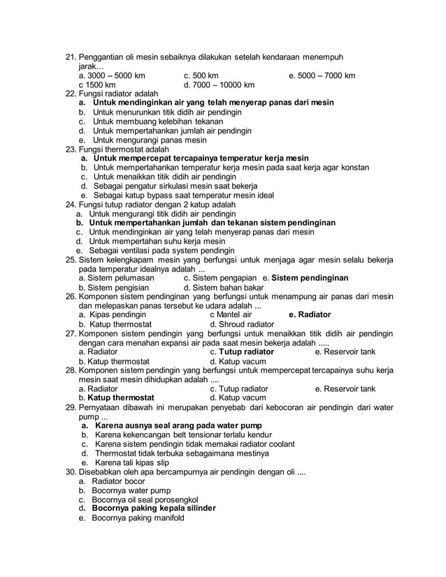 Soal pemeliharaan mesin kenderaan ringan kelas xi ganjil 2017 | DOCX