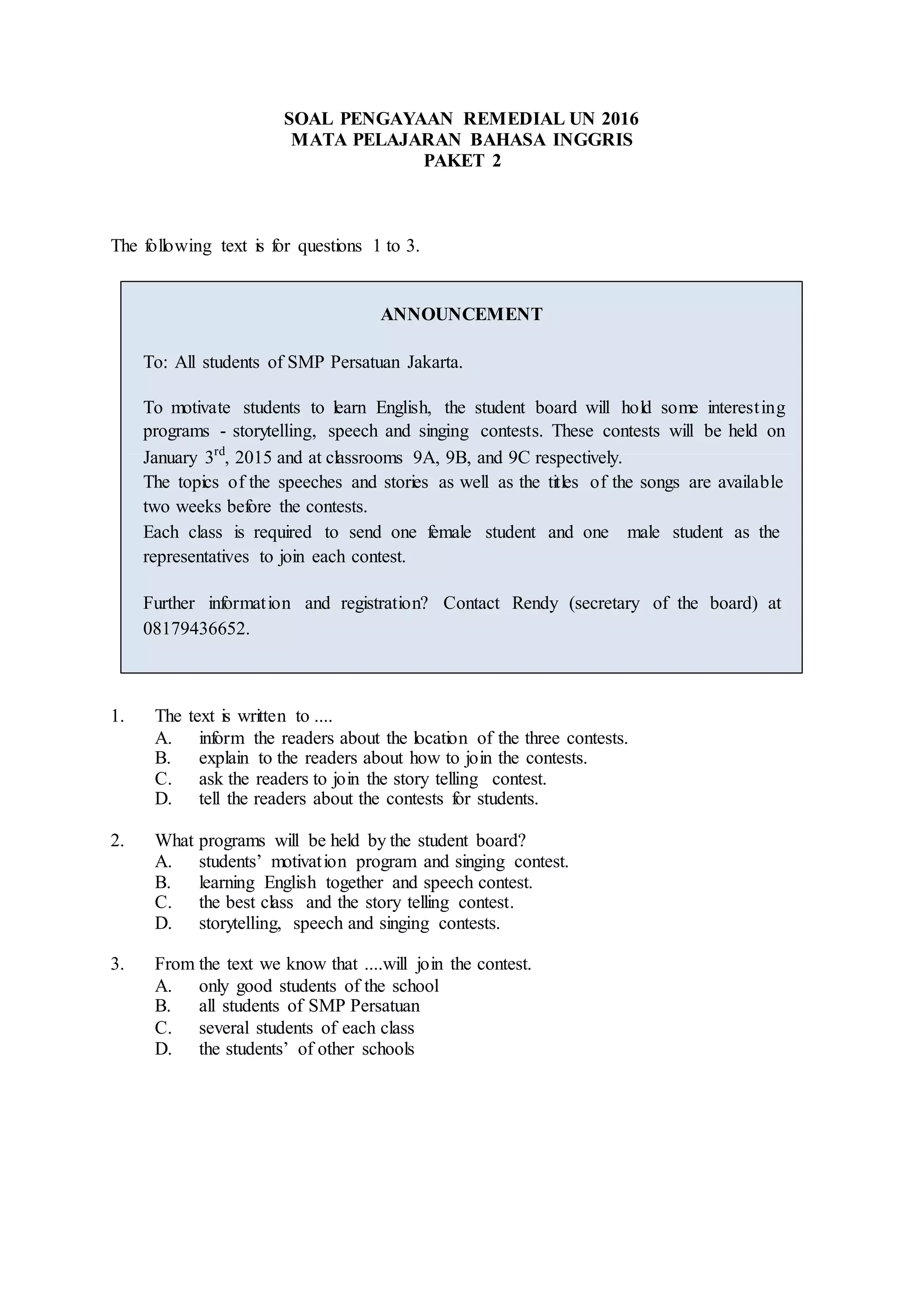 Soal pengayaan remedial un 2017 paket 2 | PDF