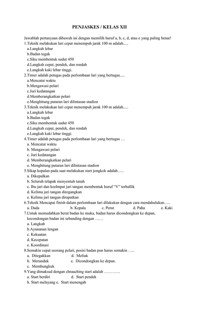 Soal penjaskes kelas xii | DOCX