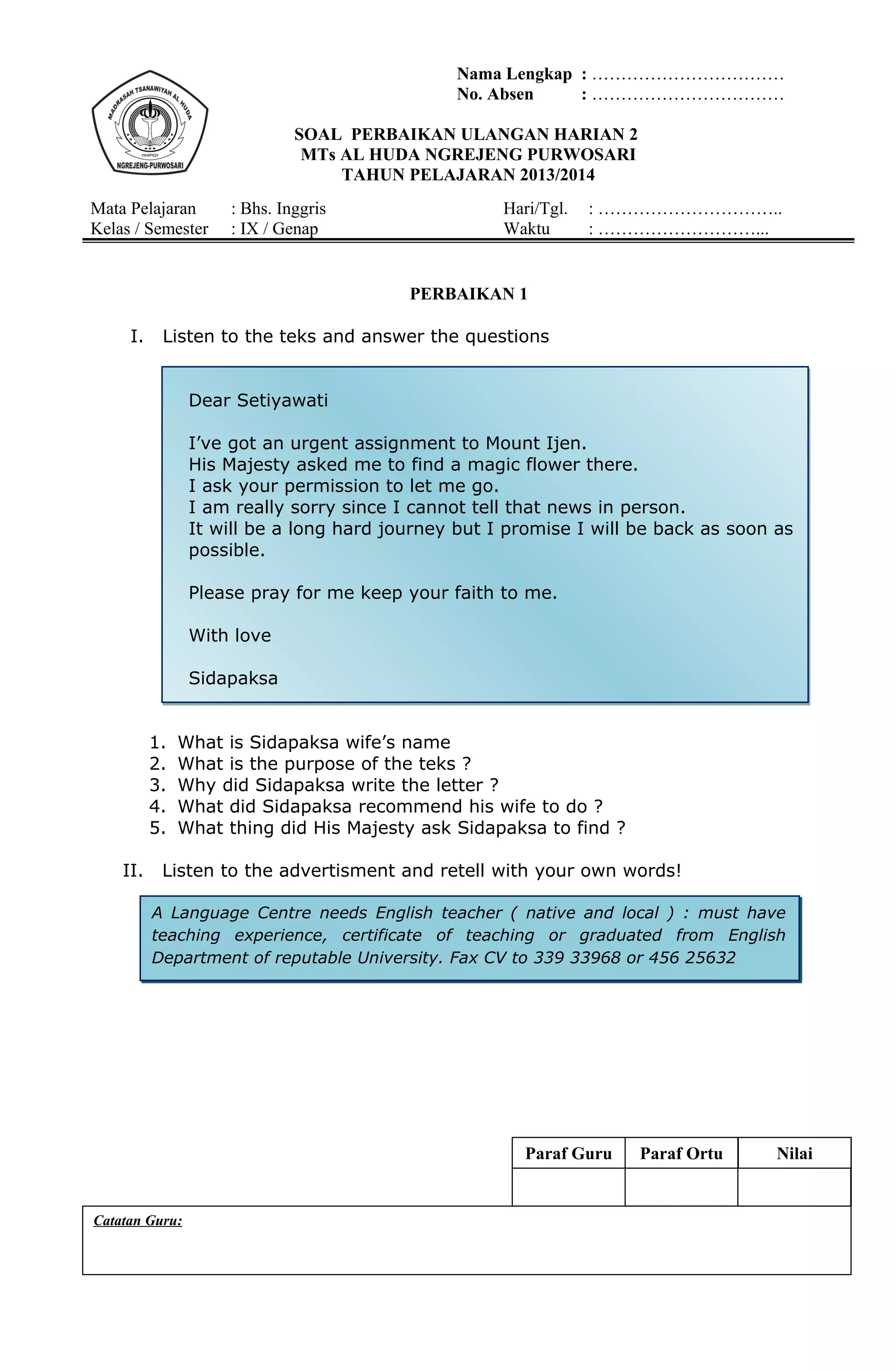 Soal perbaikan ulhar b. inggris 9 smt 2 | DOC