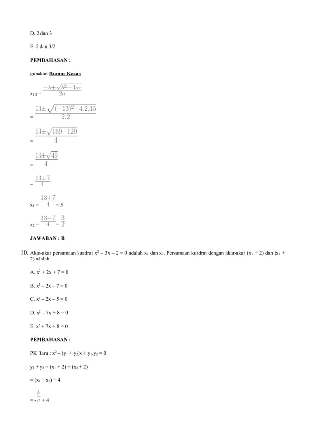 Soal-soal persamaan kuadrat dan fungsi kuadrat | DOCX