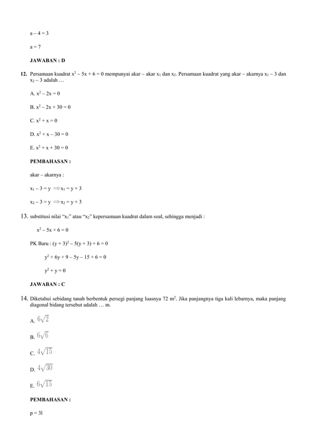 Soal-soal persamaan kuadrat dan fungsi kuadrat | DOCX