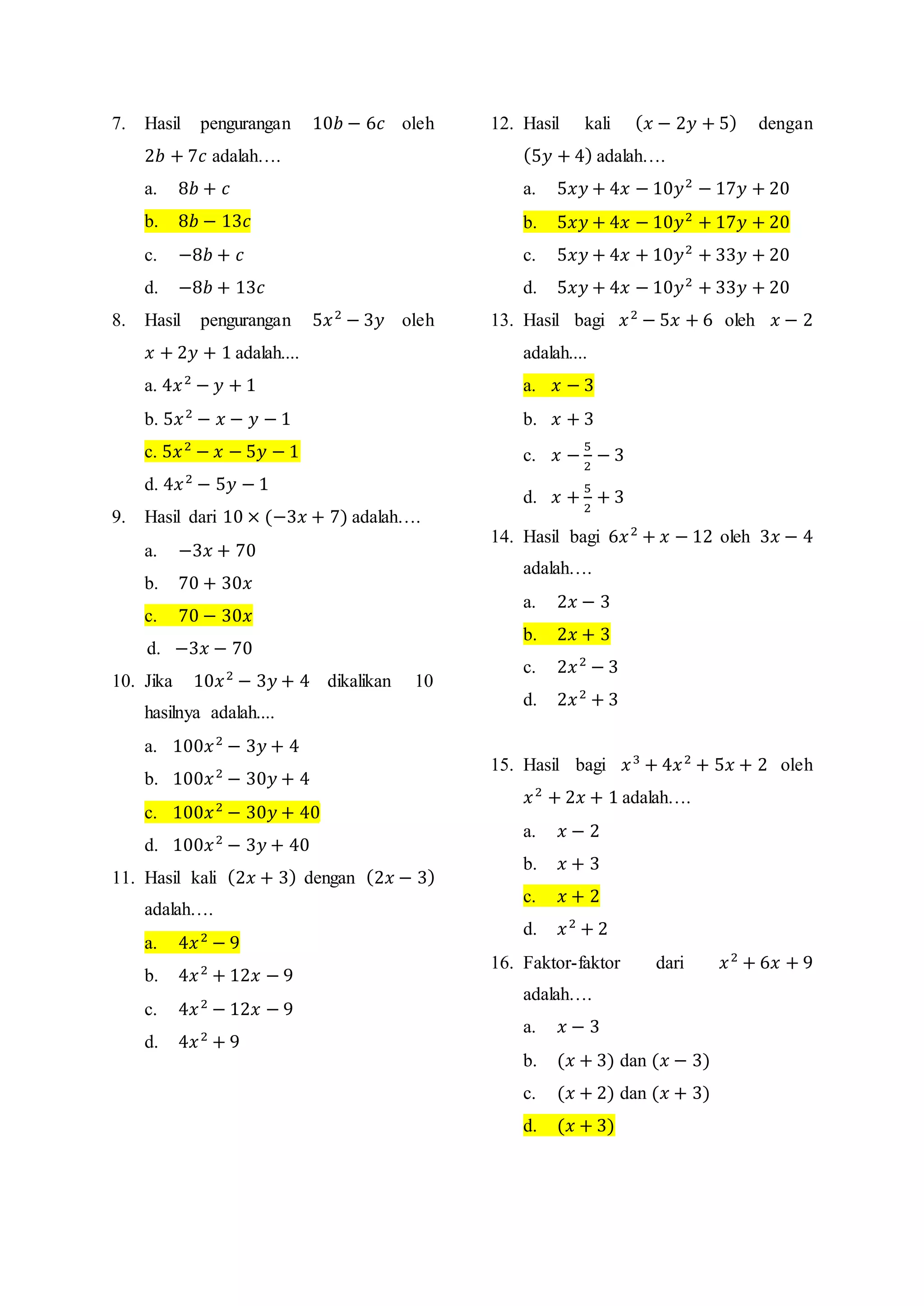 Soal Diagnosis Materi Aljabar Smp Docx