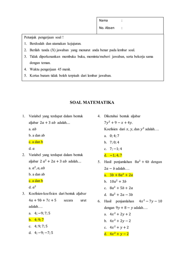 Soal diagnosis materi aljabar smp | DOCX