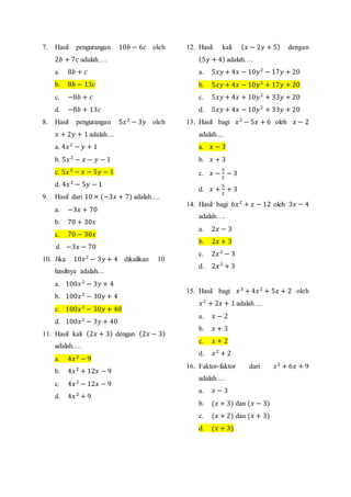 Soal diagnosis materi aljabar smp | DOCX