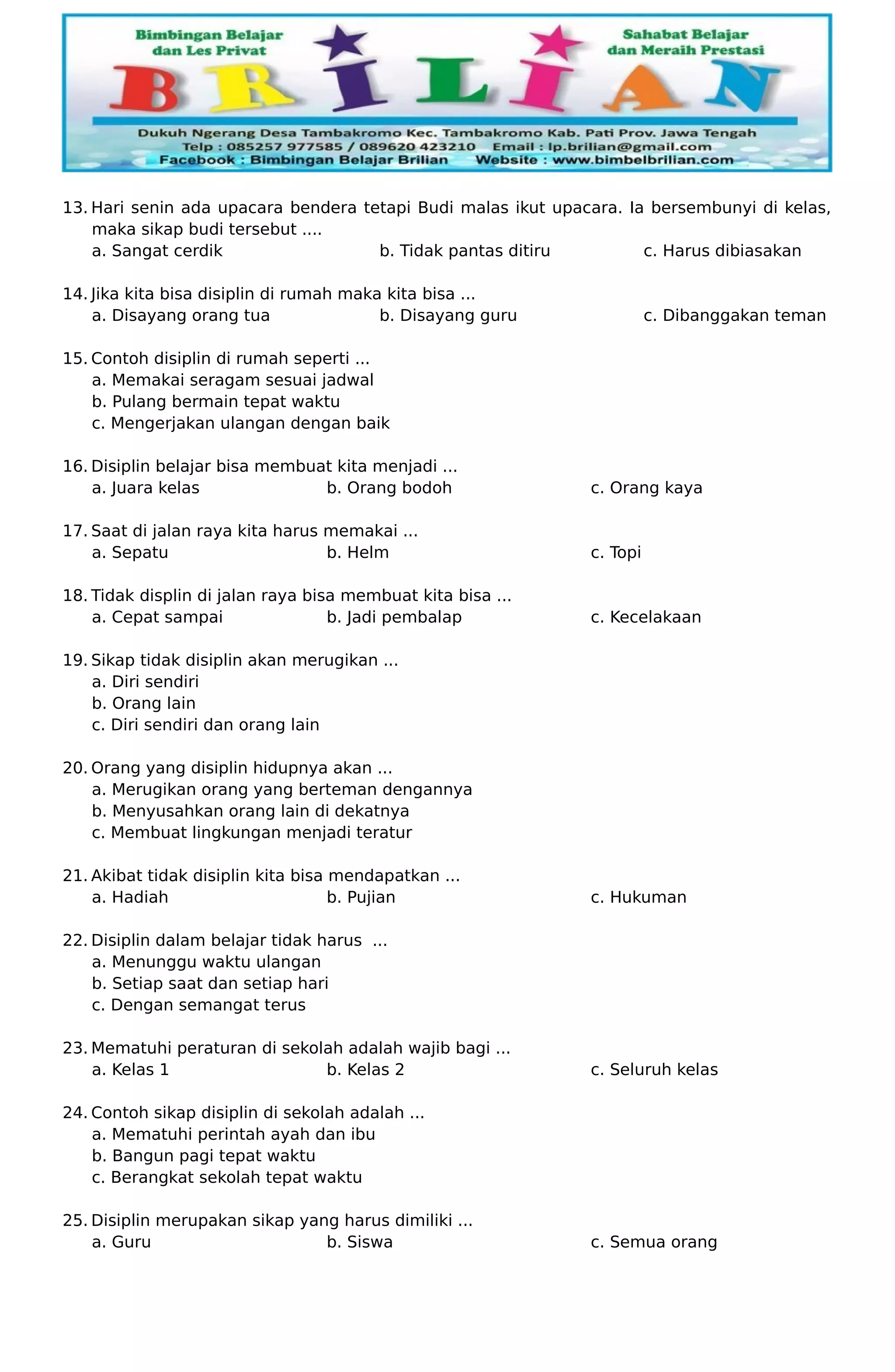 Soal pkn kelas 2 sd bab 6 kedisiplinan dan kunci jawaban (www.bimbelbrilian.com) | PDF