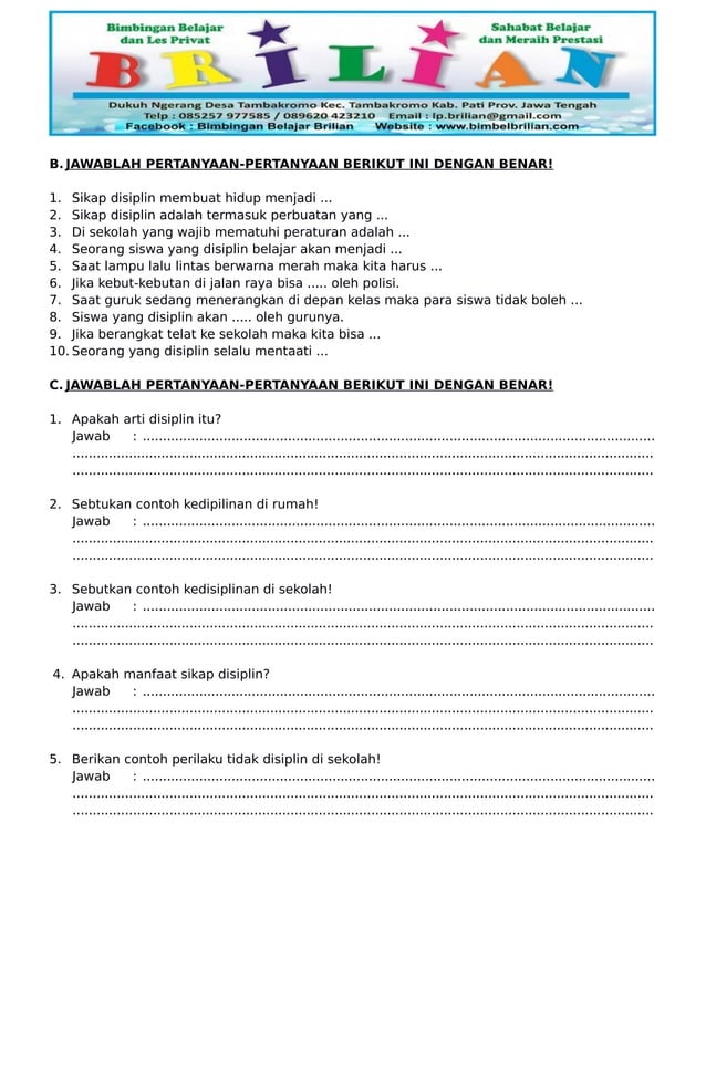 Soal pkn kelas 2 sd bab 6 kedisiplinan dan kunci jawaban (www.bimbelbrilian.com) | PDF