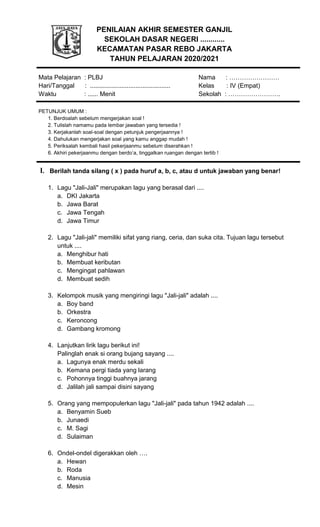 contoh SOAL PLBJ untuk Kelas 4 sekolah dasar | DOCX
