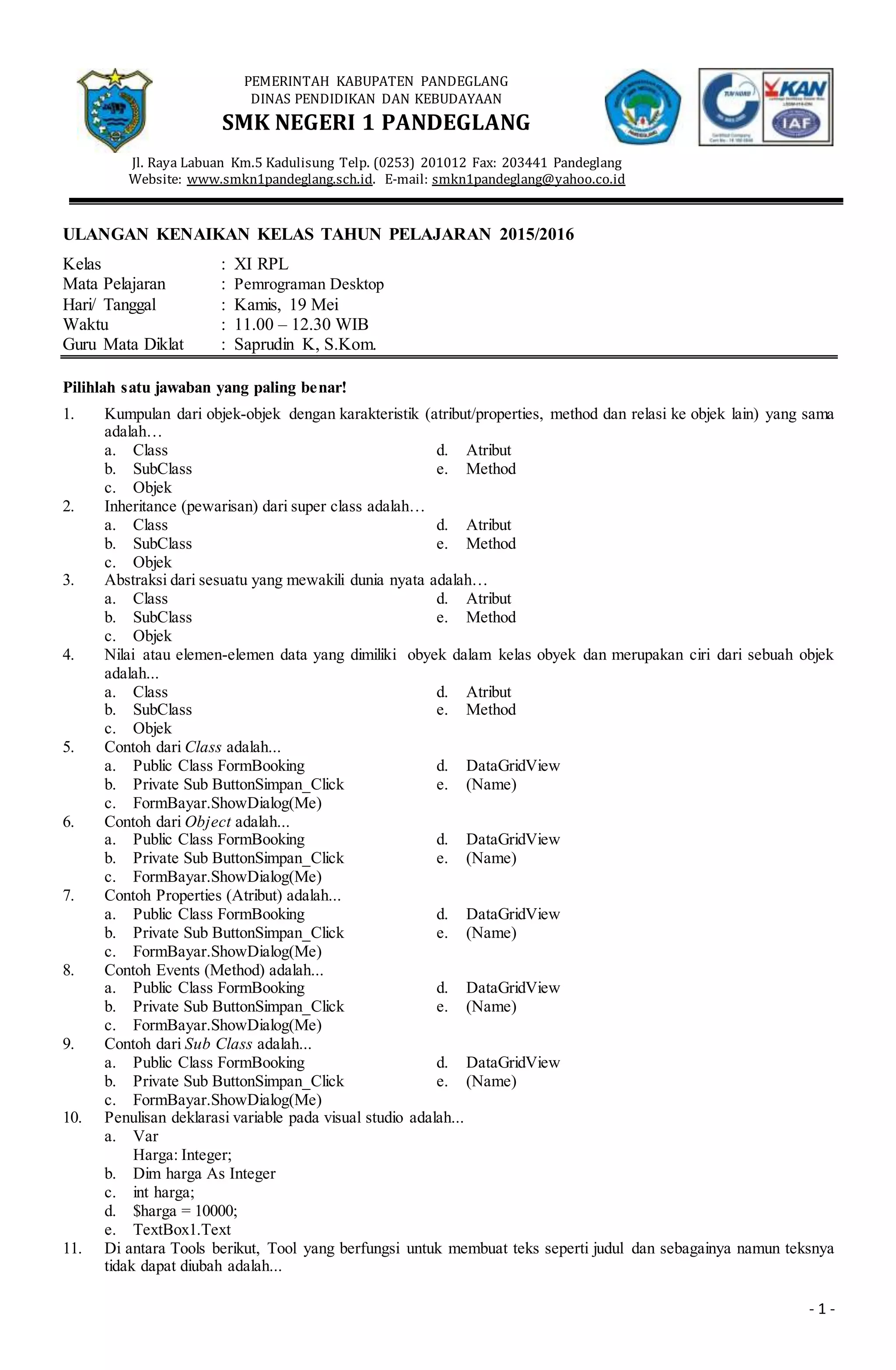 Soal UKK Pemrograman Desktop SMK kelas 11 semester genap | PDF