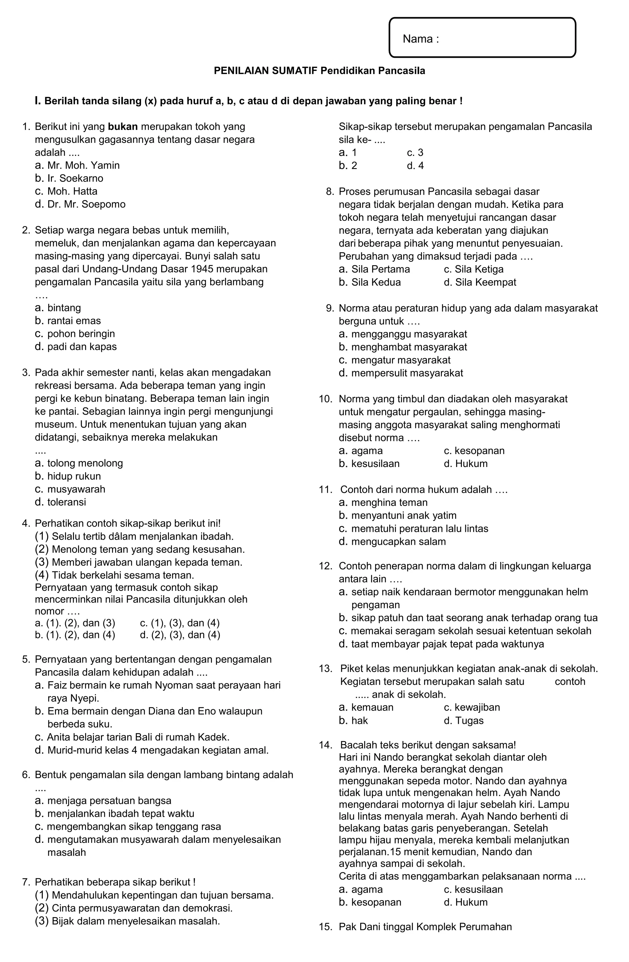Soal PTS -STS Pendidikan Pancasila Kelas 4 Semester 1 Kurikulum Merdeka T.A 2023-2024.docx