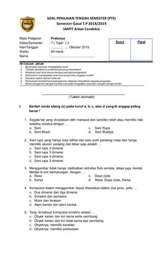 Soal PTS Prakarya Kelas7 semester 1 | PDF