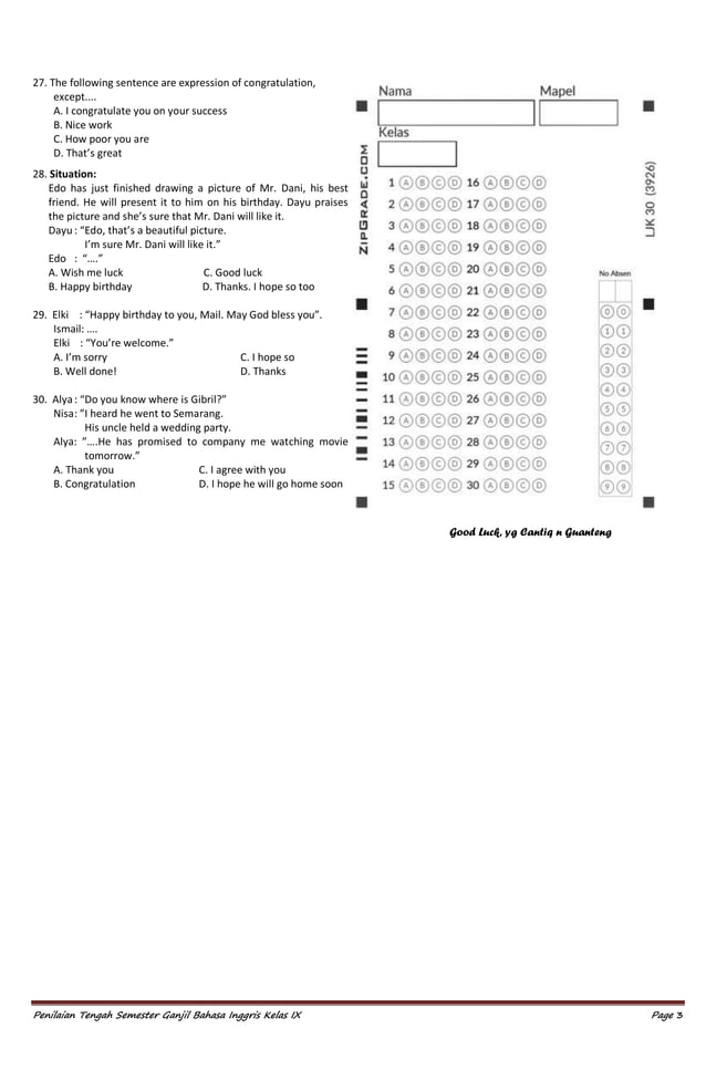 Soal PTS Ganjil Bahasa Inggris Kelas IX | PDF