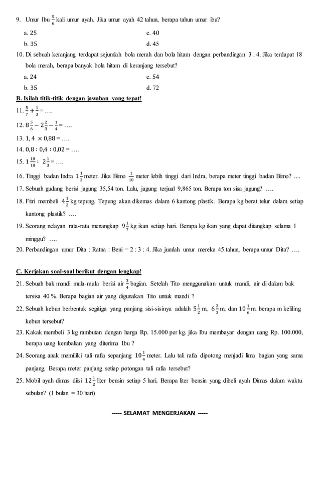 Soal pts mtk kelas V 1920 | PDF