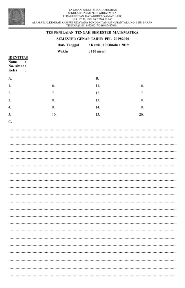 Soal pts mtk kelas V 1920 | DOCX