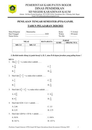 Soal pts mtk kls 5 | PDF
