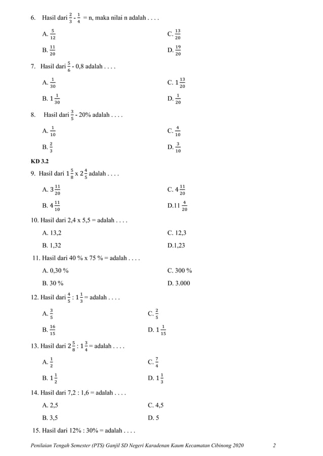 Soal pts mtk kls 5 | PDF
