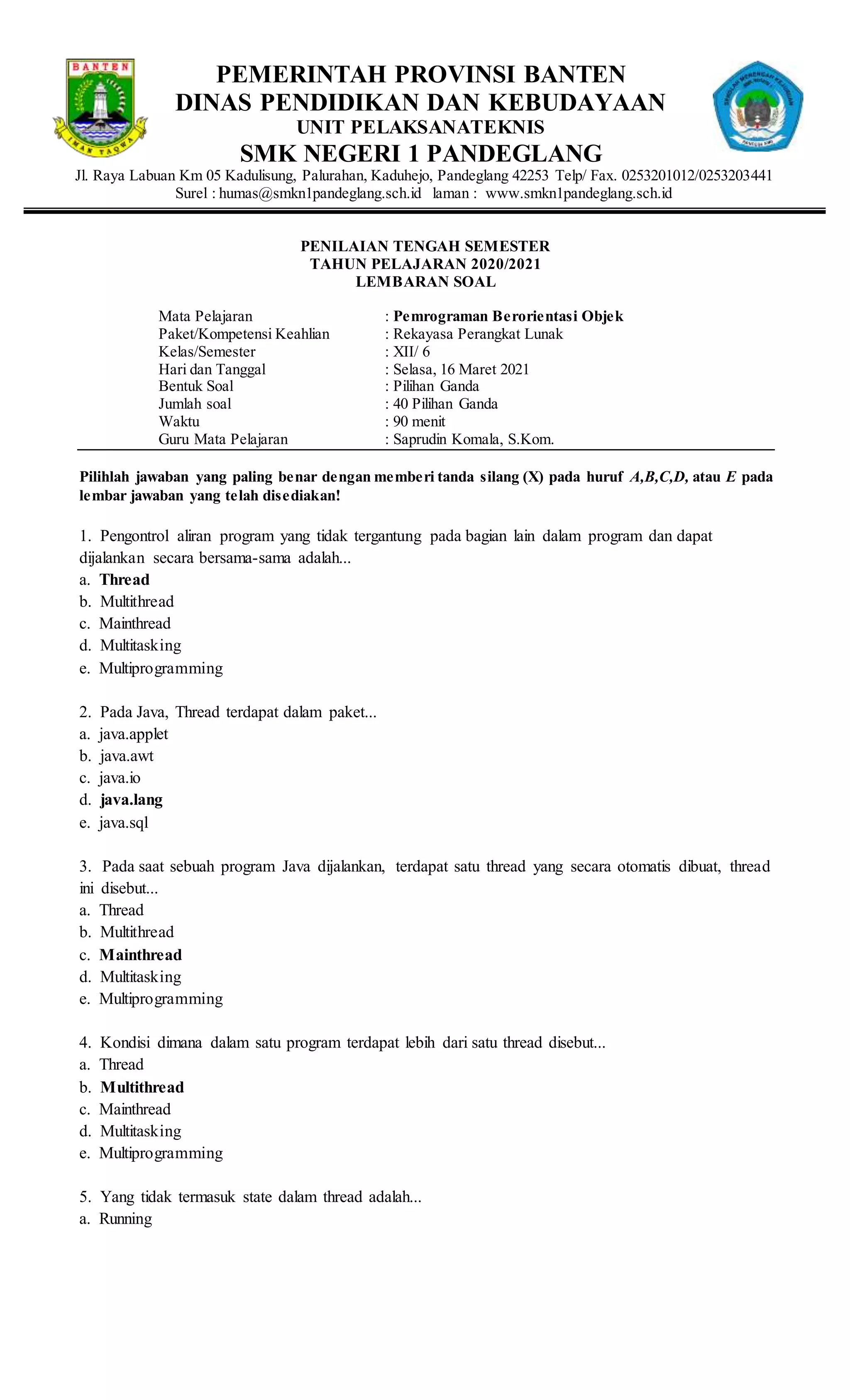Soal uts/ pts semester genap mapel pbo kelas xii rpl tahun 2021 | DOCX