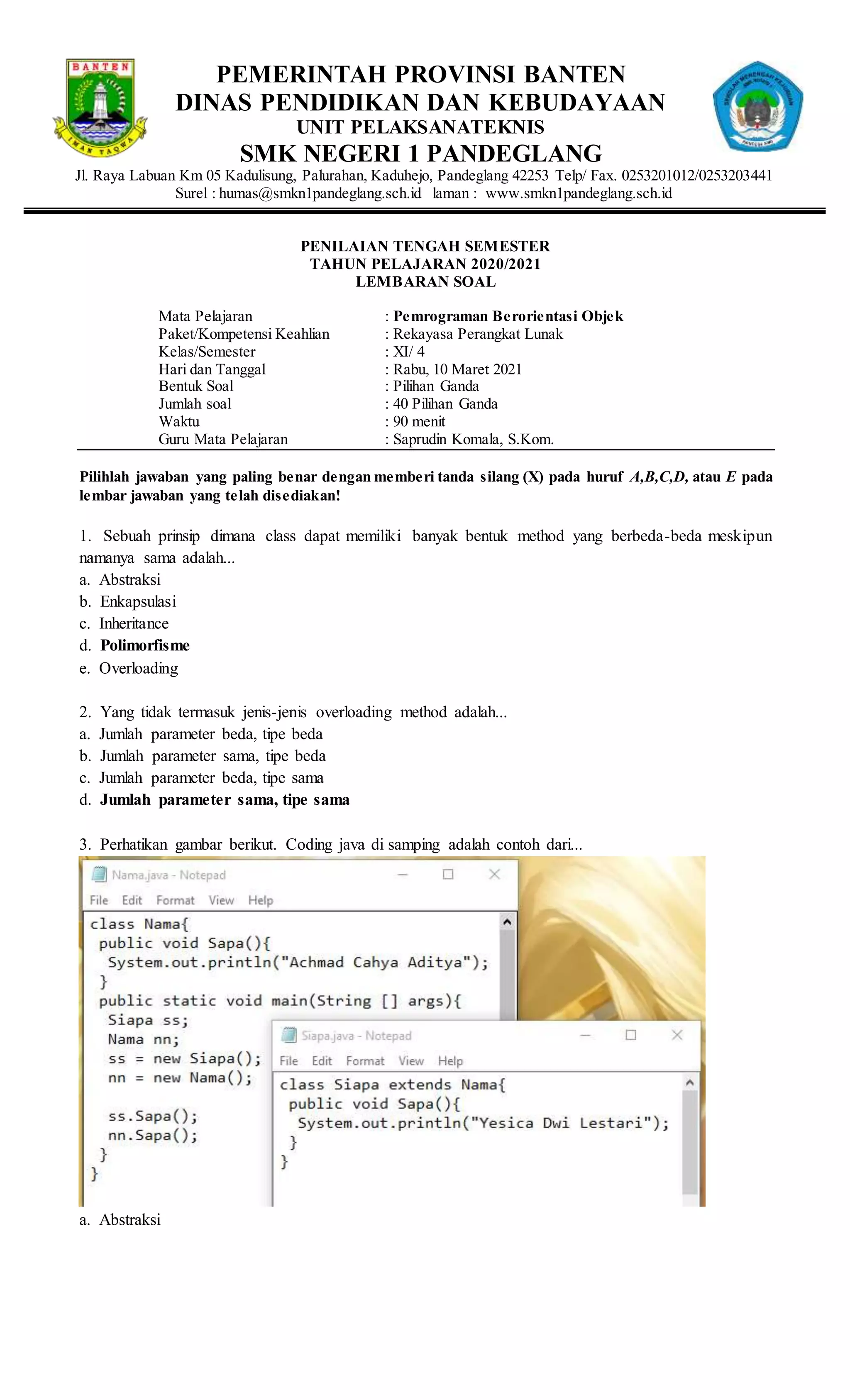 Soal uts/ pts semester genap mapel pbo kelas xi rpl tahun 2021 | DOCX