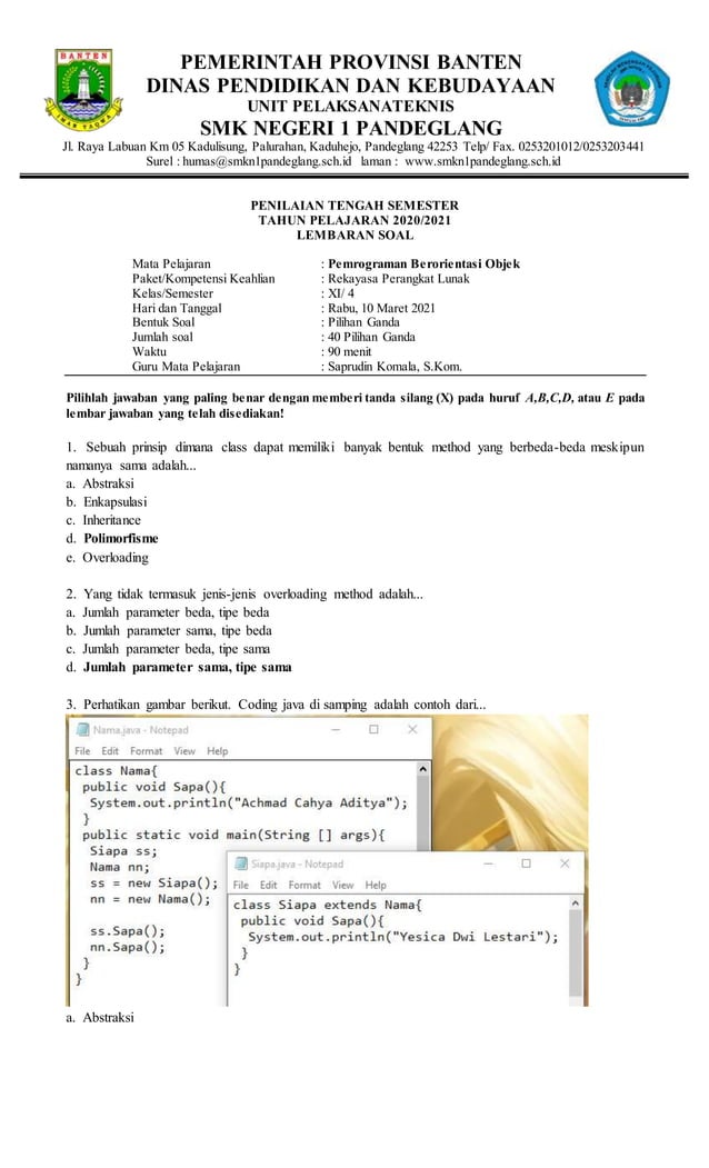 Soal uts/ pts semester genap mapel pbo kelas xi rpl tahun 2021 | DOCX