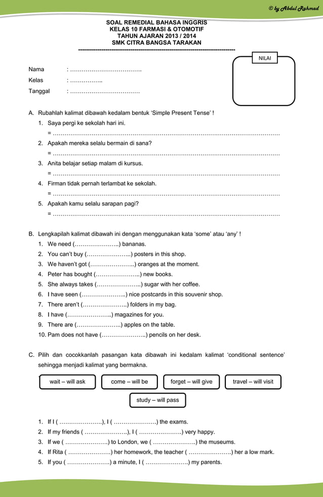 Soal Remedial Bahasa Inggris Kelas 10 | PDF