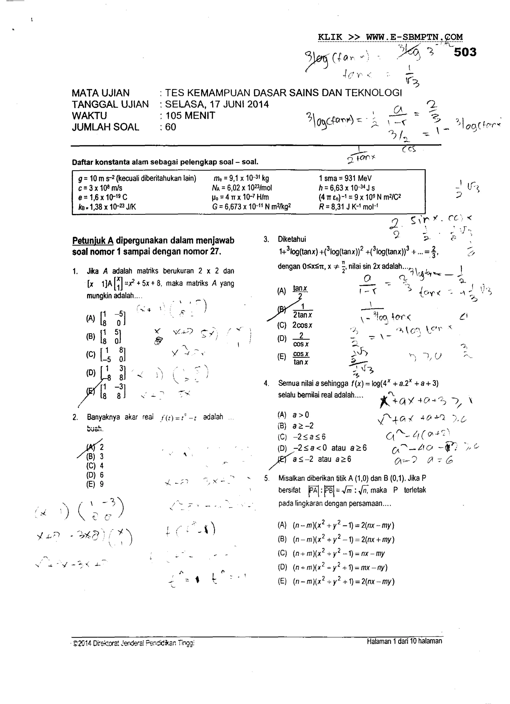 Soal sbmptn tkd saintek kode 503 | PDF