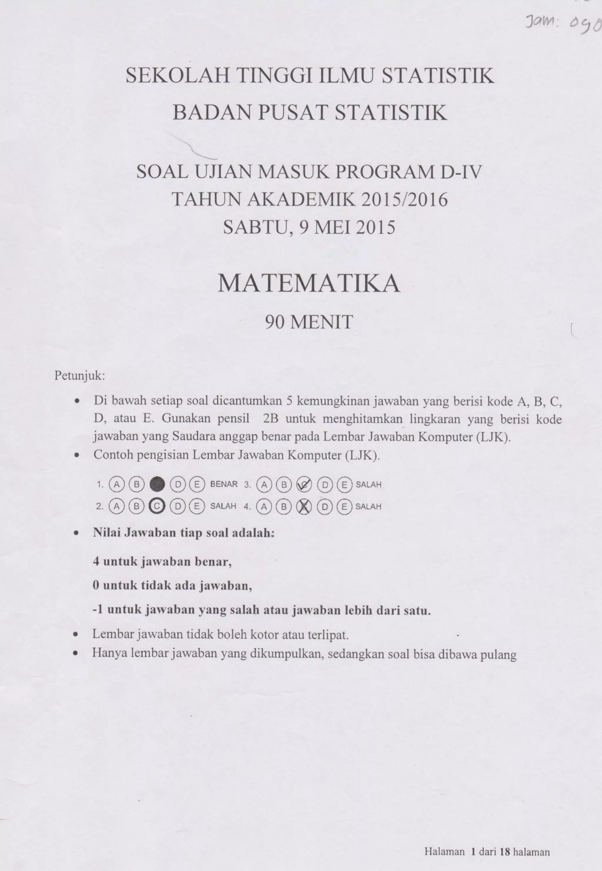 Soal seleksi stis 2015 2016 mate-matika | PDF