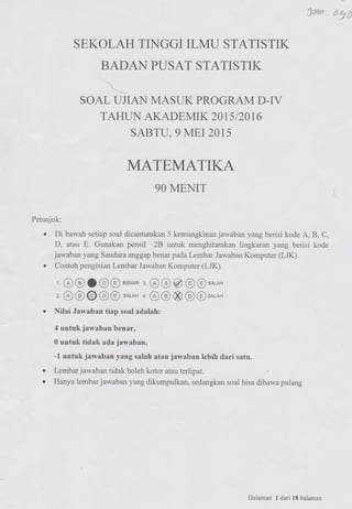 Soal seleksi stis 2015 2016 mate-matika | PDF