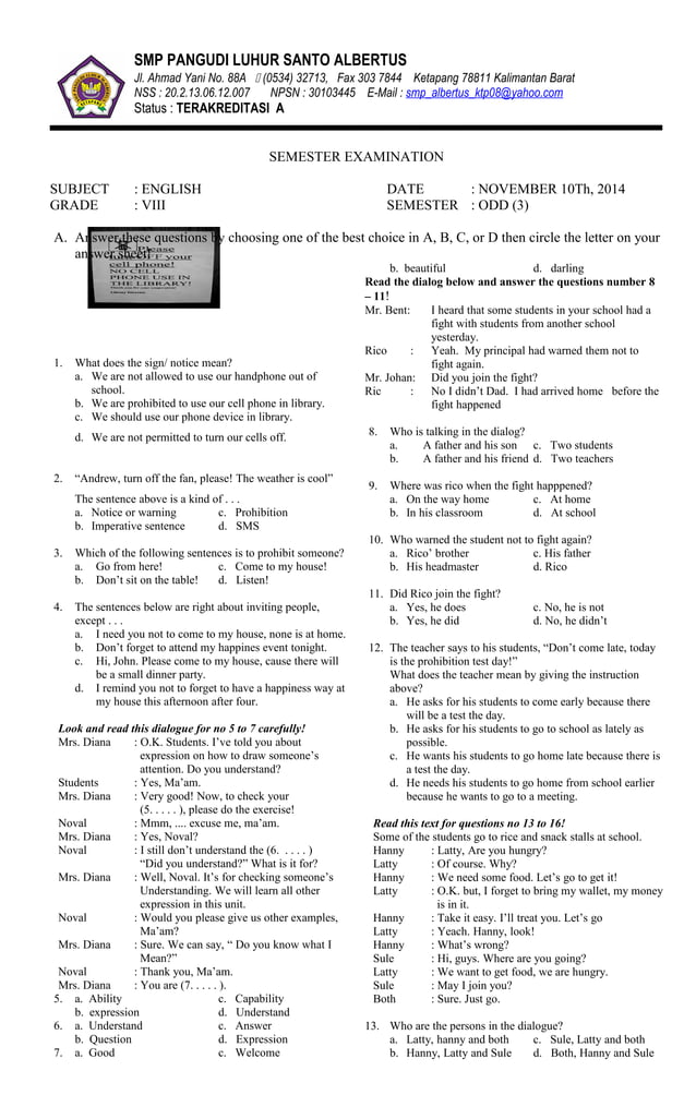Soal Semester Ganjil 2014 VIII | DOC