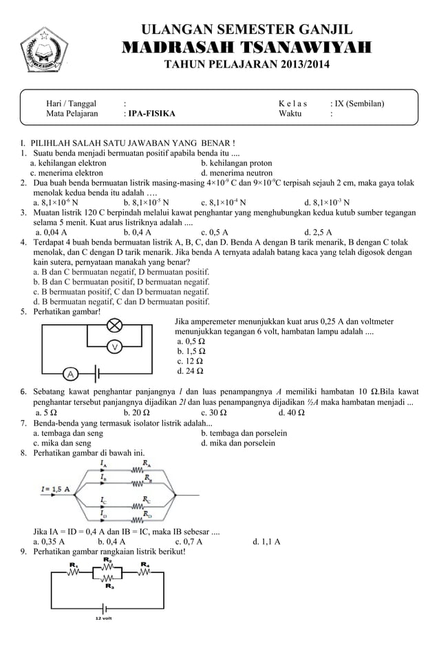 Soal semester ganjil KLS 9 2013 MTSN DENANYAR | PDF
