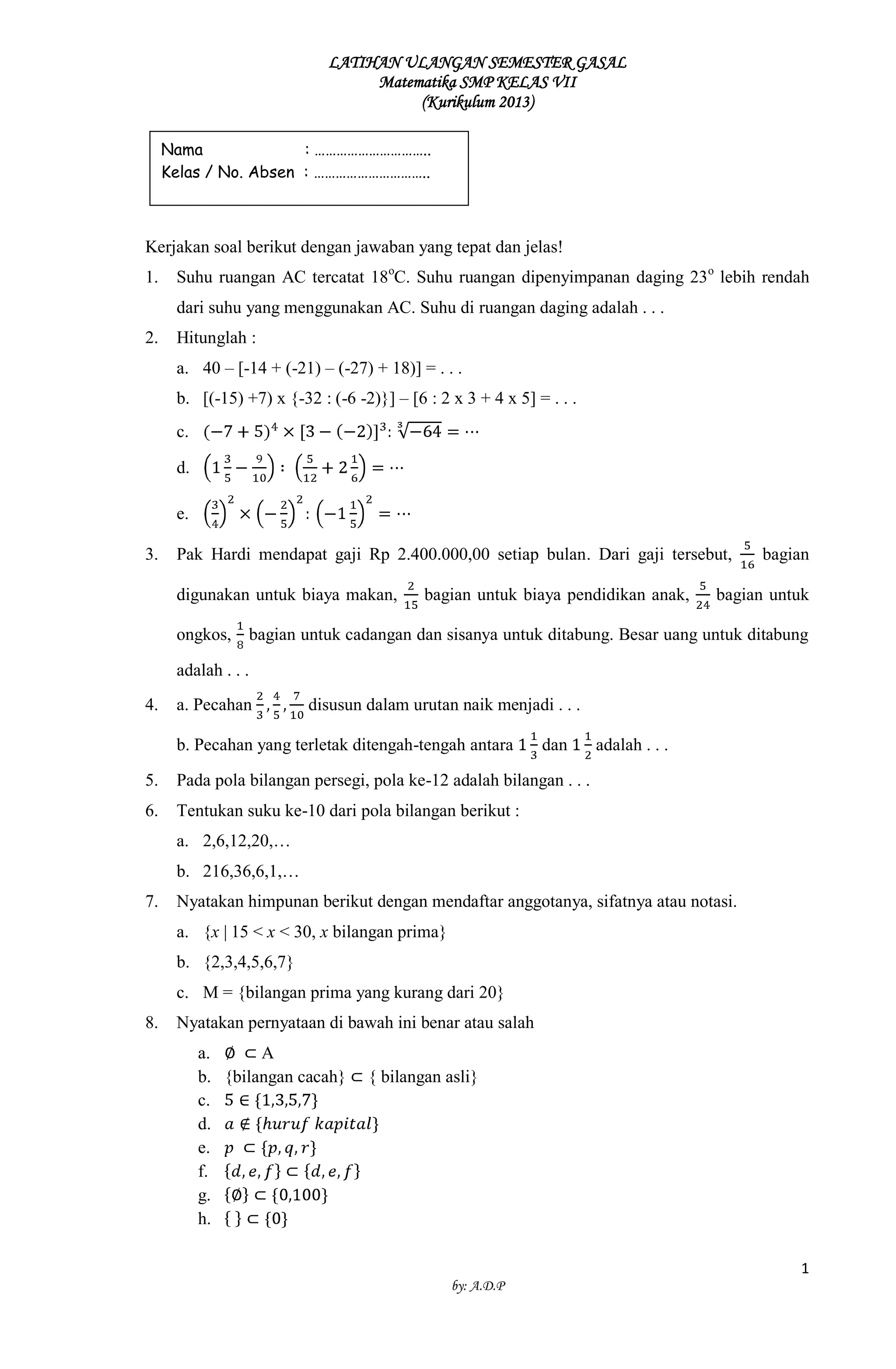 Latihan Soal semester gasal smp vii | PDF