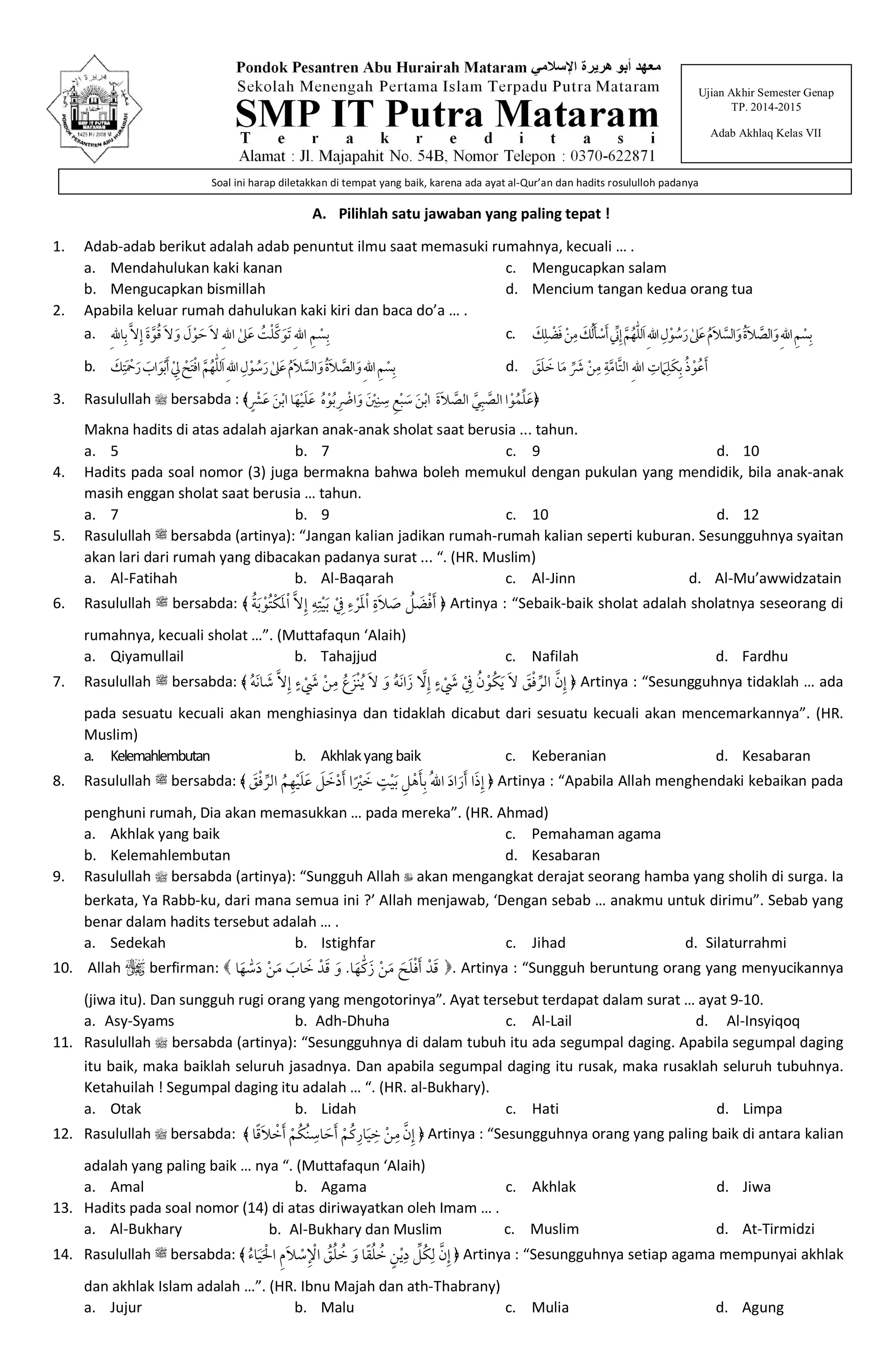 Soal semester genap 2015 adab akhlaq kls 7 | PDF