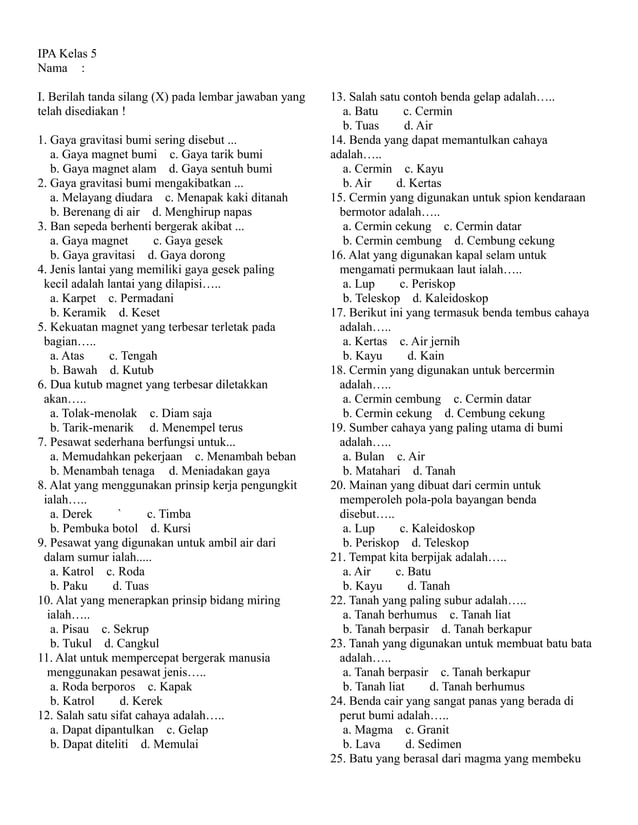 Soal semester ipa kelas 5 | PDF