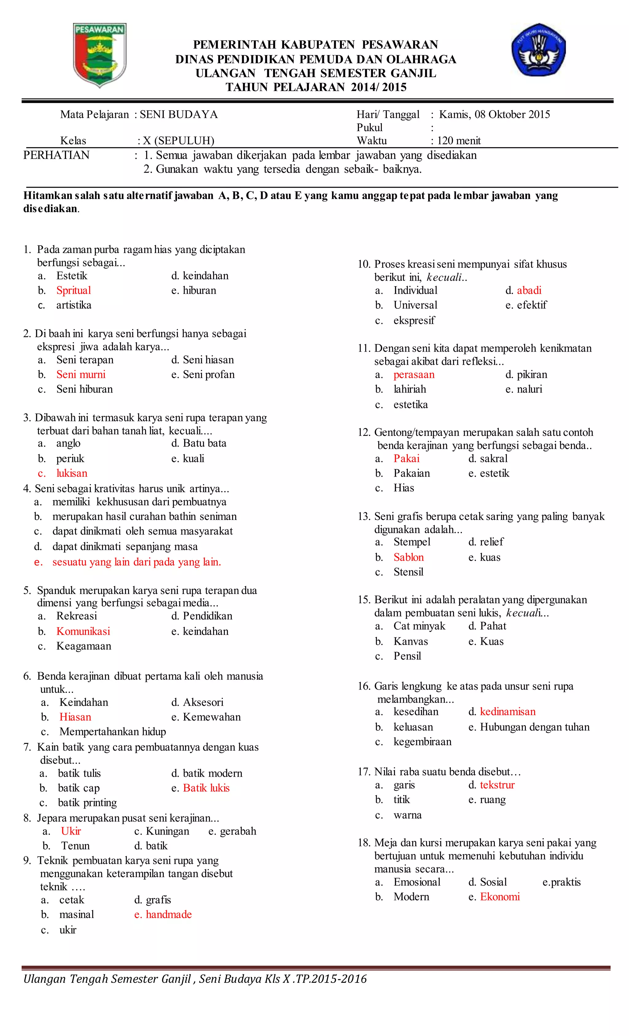 Soal seni budaya mid ganjil x | PDF