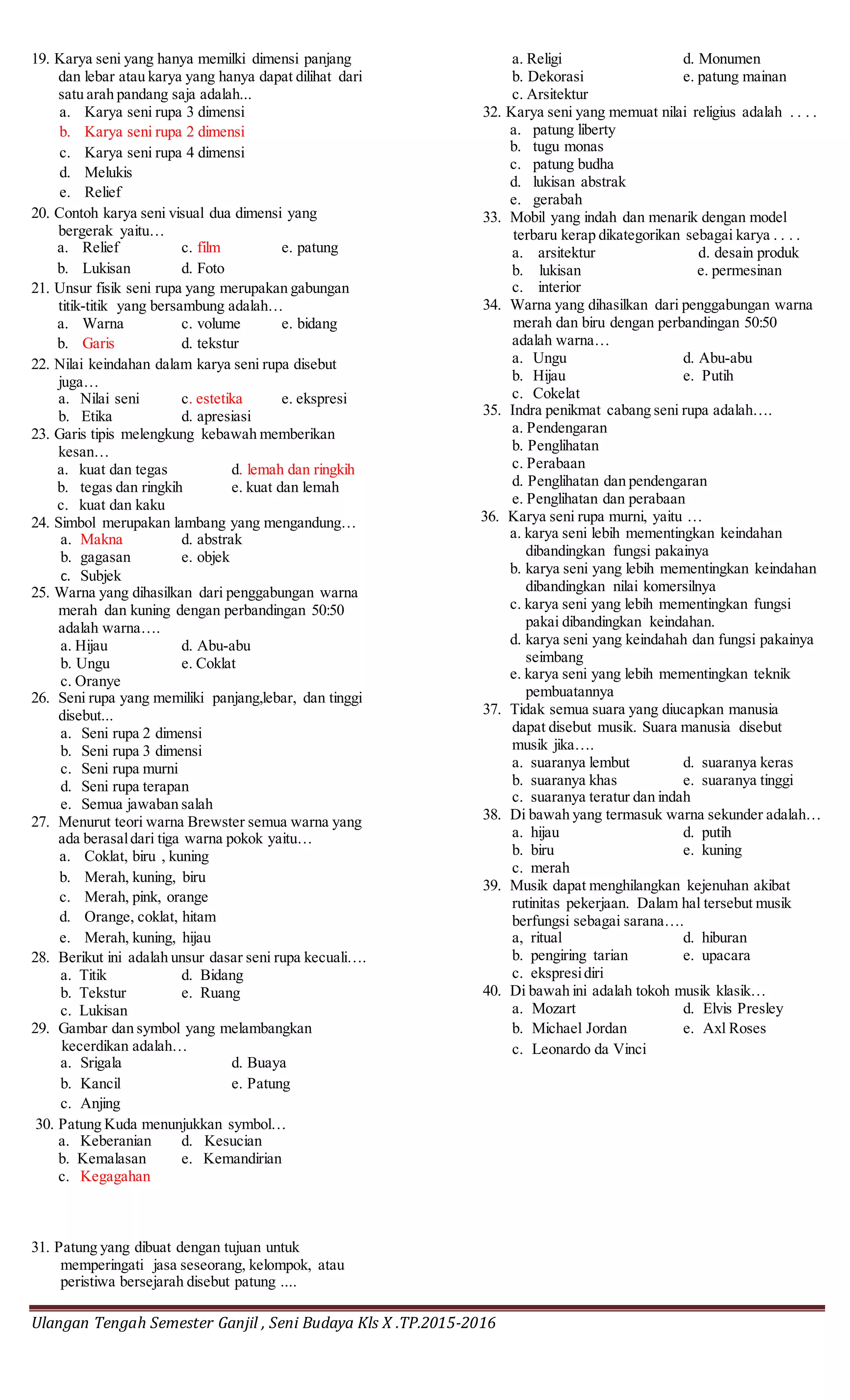 Soal seni budaya mid ganjil x | PDF