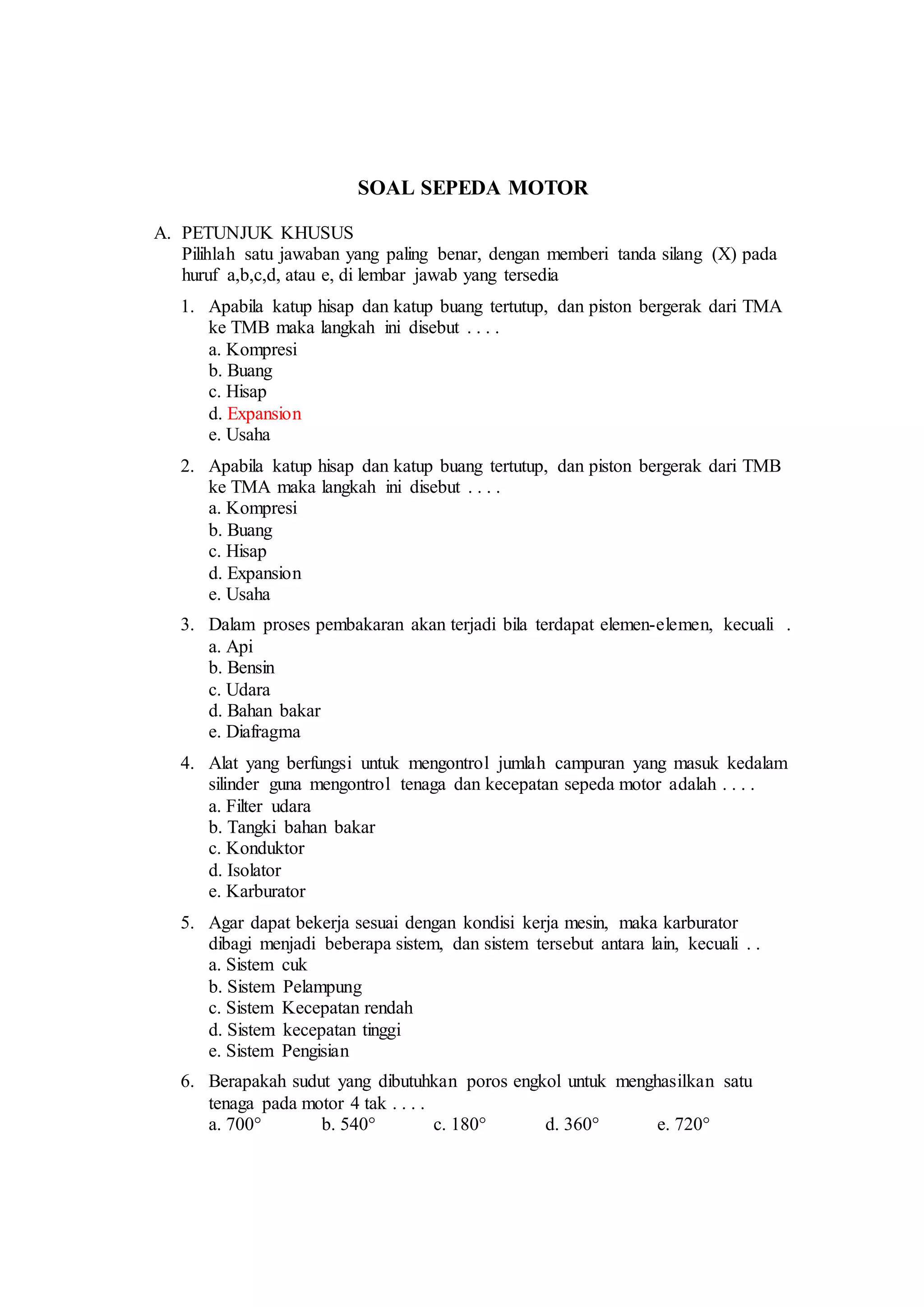 SOAL TEKNIK SEPEDAMOTOR | DOCX