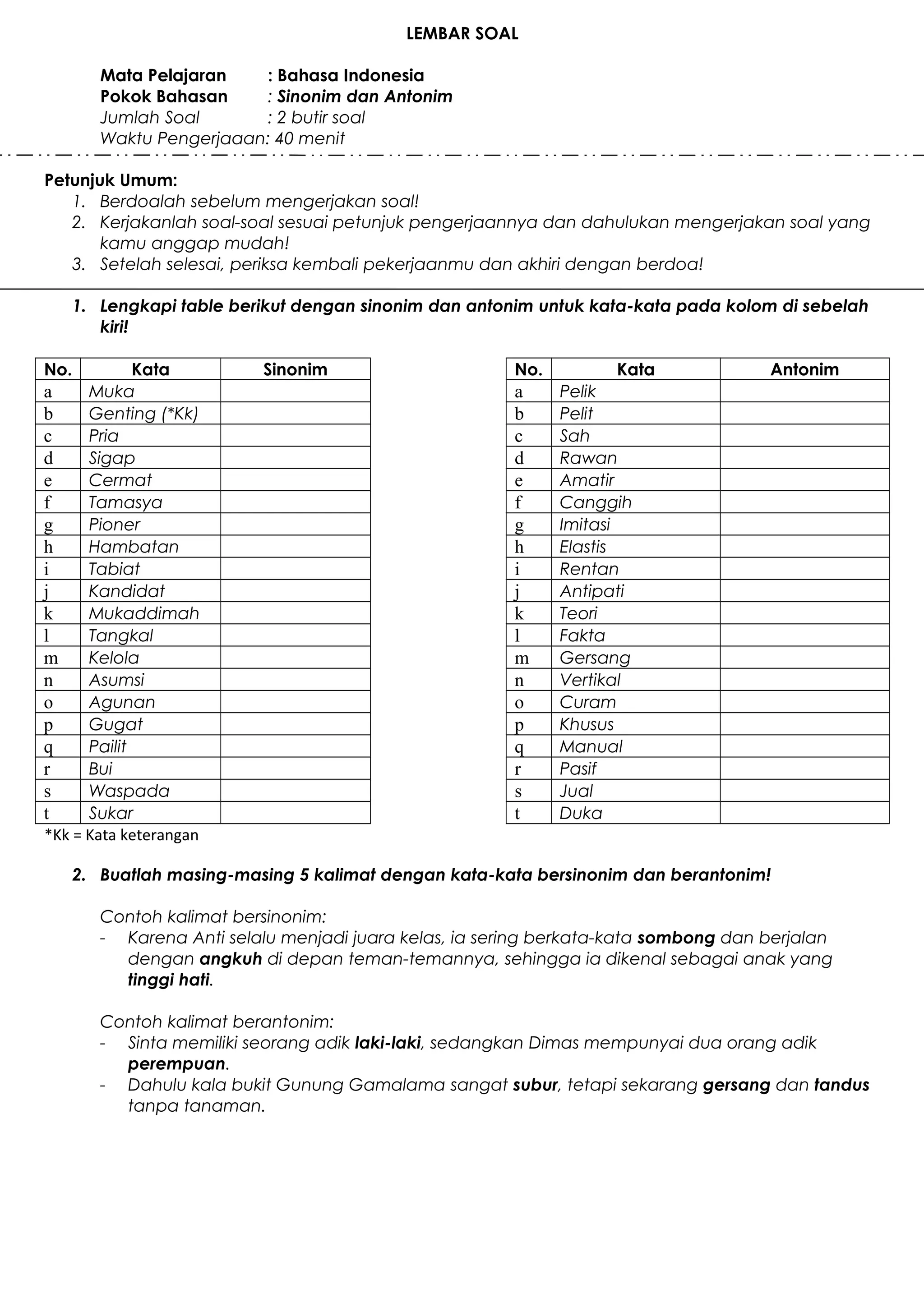 Soal sinonim dan antonim | DOC