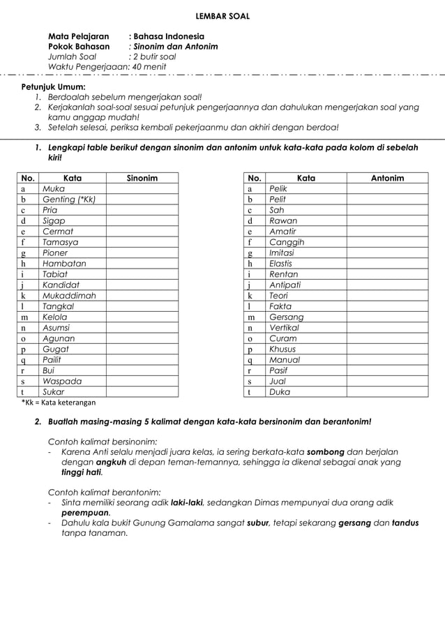Soal Sinonim dan Antonim | PDF