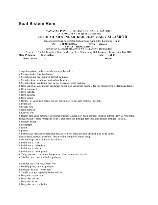 Soal sistem rem | DOCX