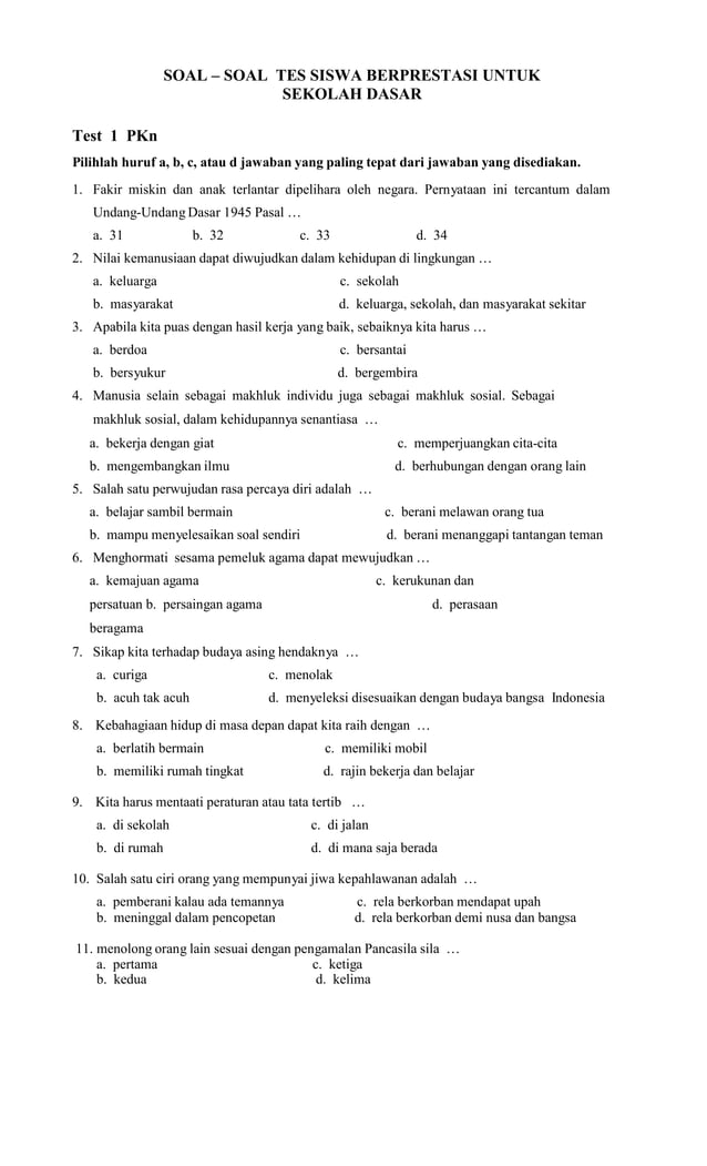 SOAL – SOAL TES SISWA BERPRESTASI UNTUK SEKOLAH DASAR Test 1 PKn ...