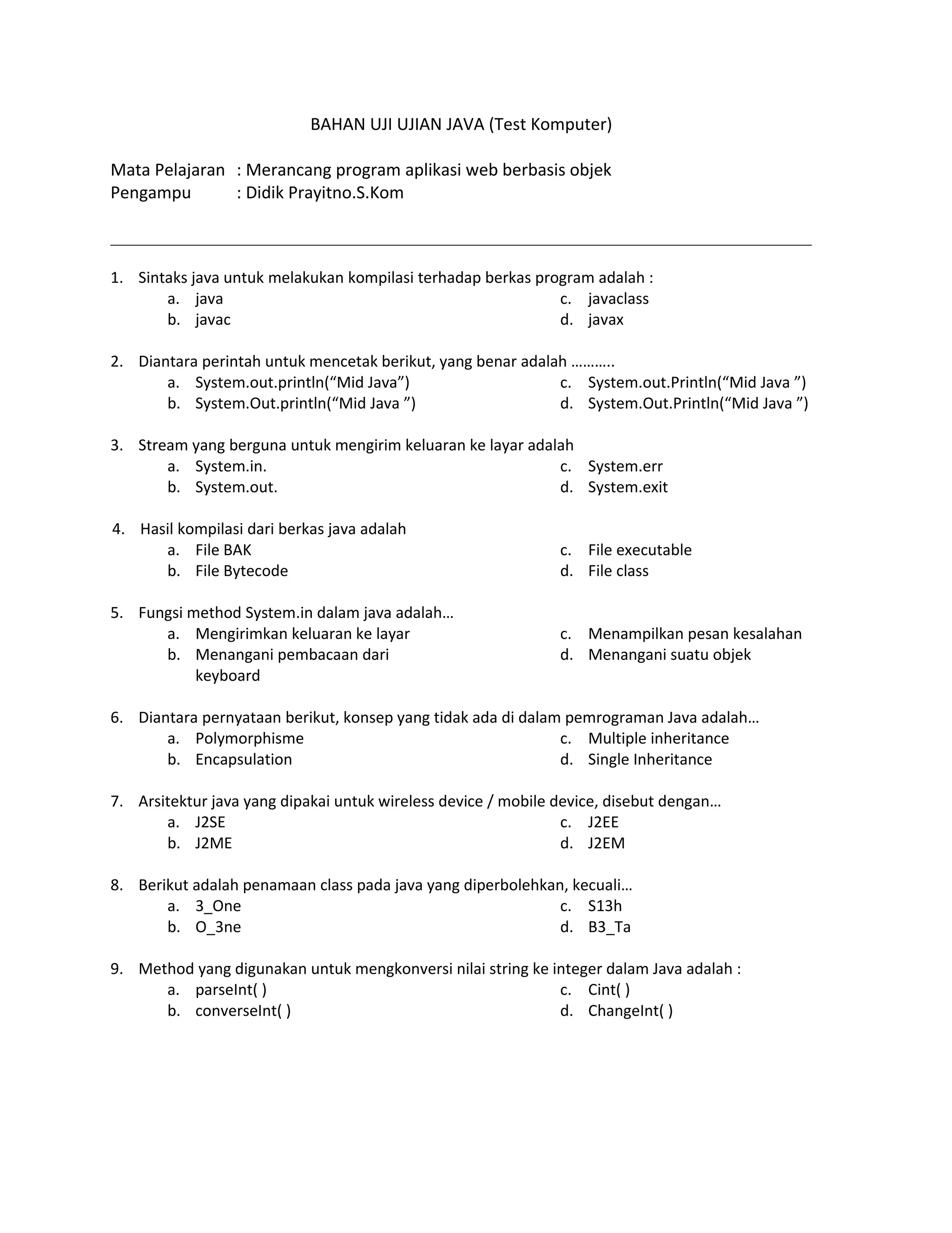 Soal soal pbo java | DOC