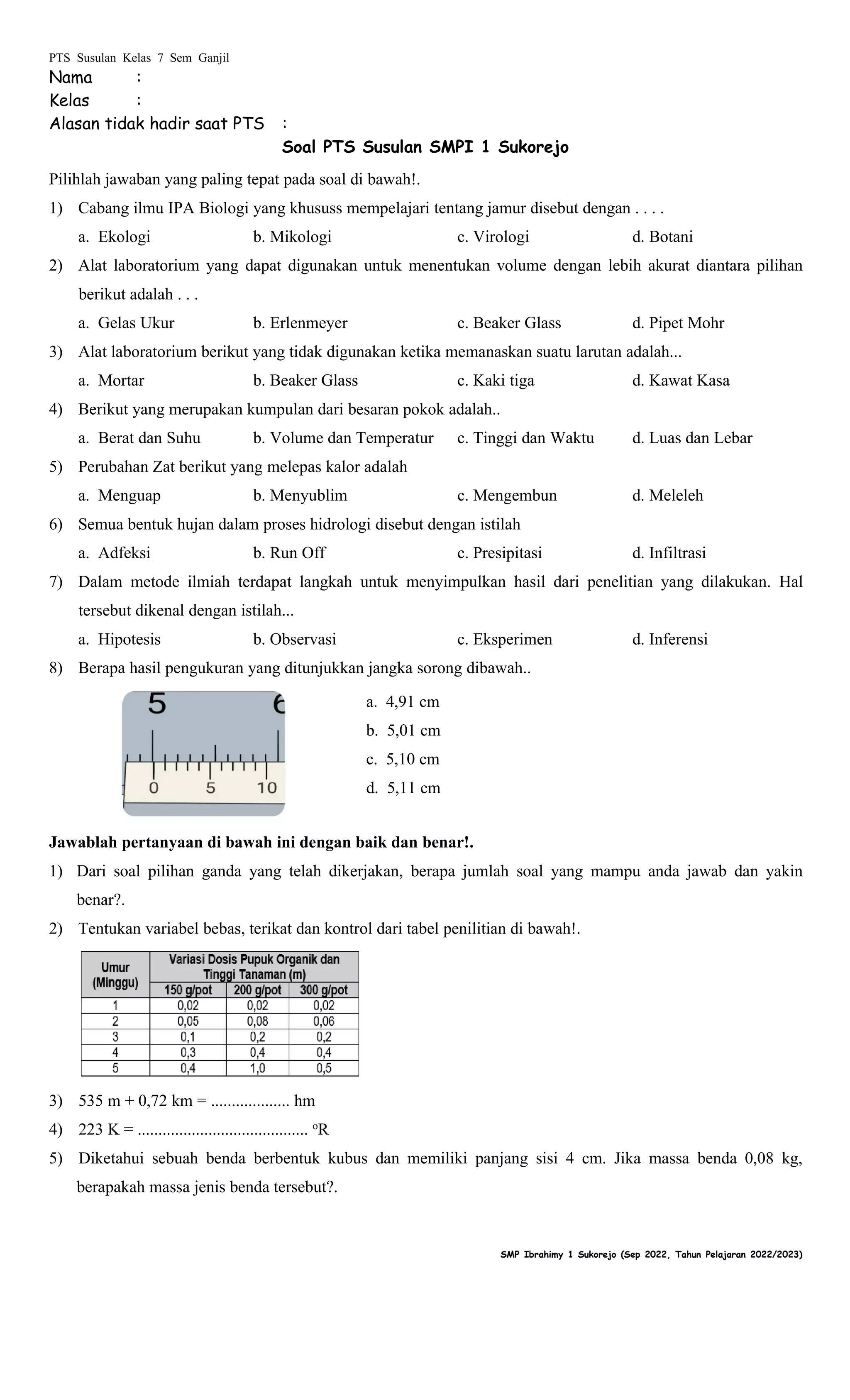 Soal Susulan Pts Ipa Kelas 7 Smp Ibrahimy 1 Sukorejo Kurikulum Merdeka Pdf