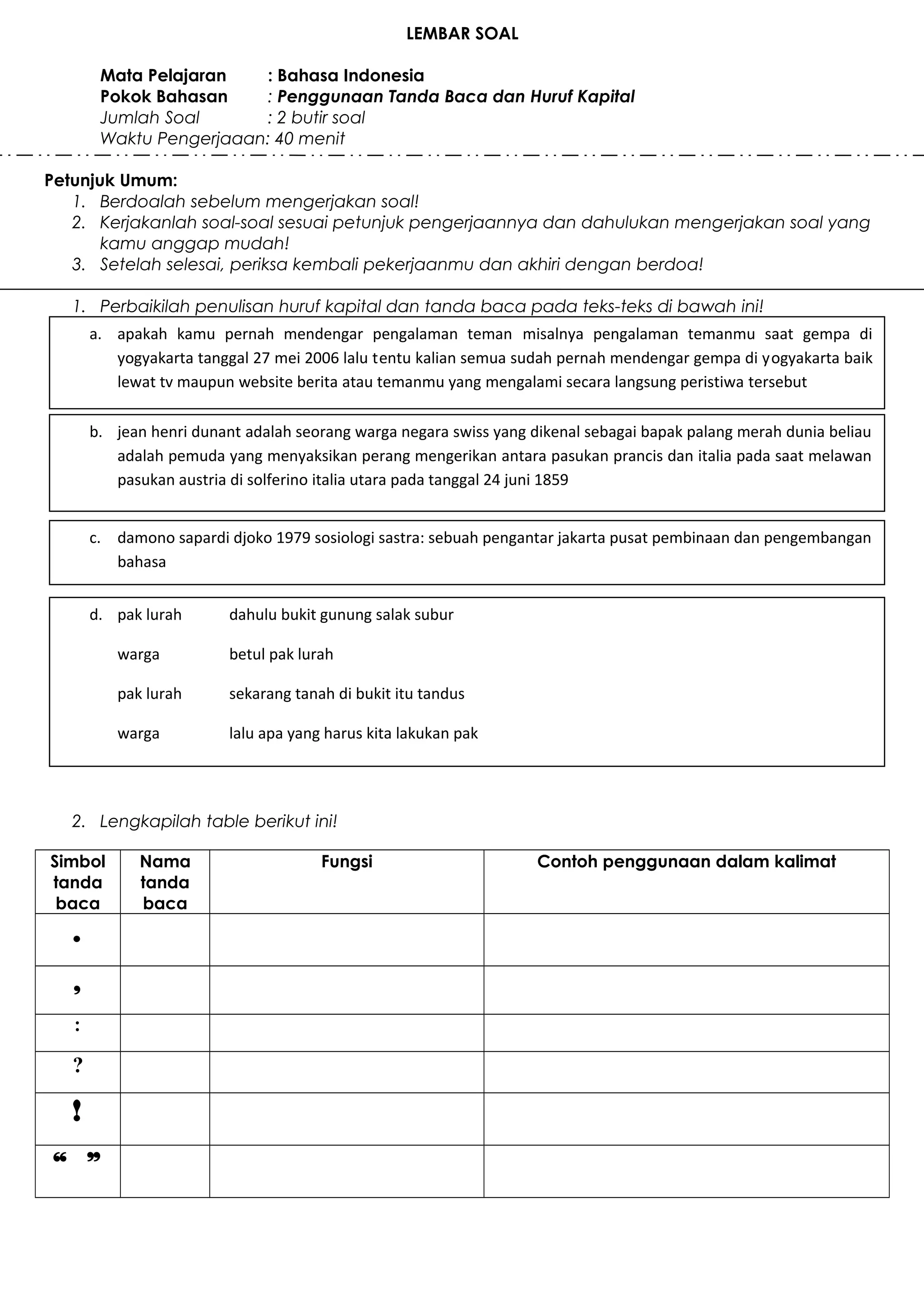 Soal tanda baca & huruf kapital | DOC